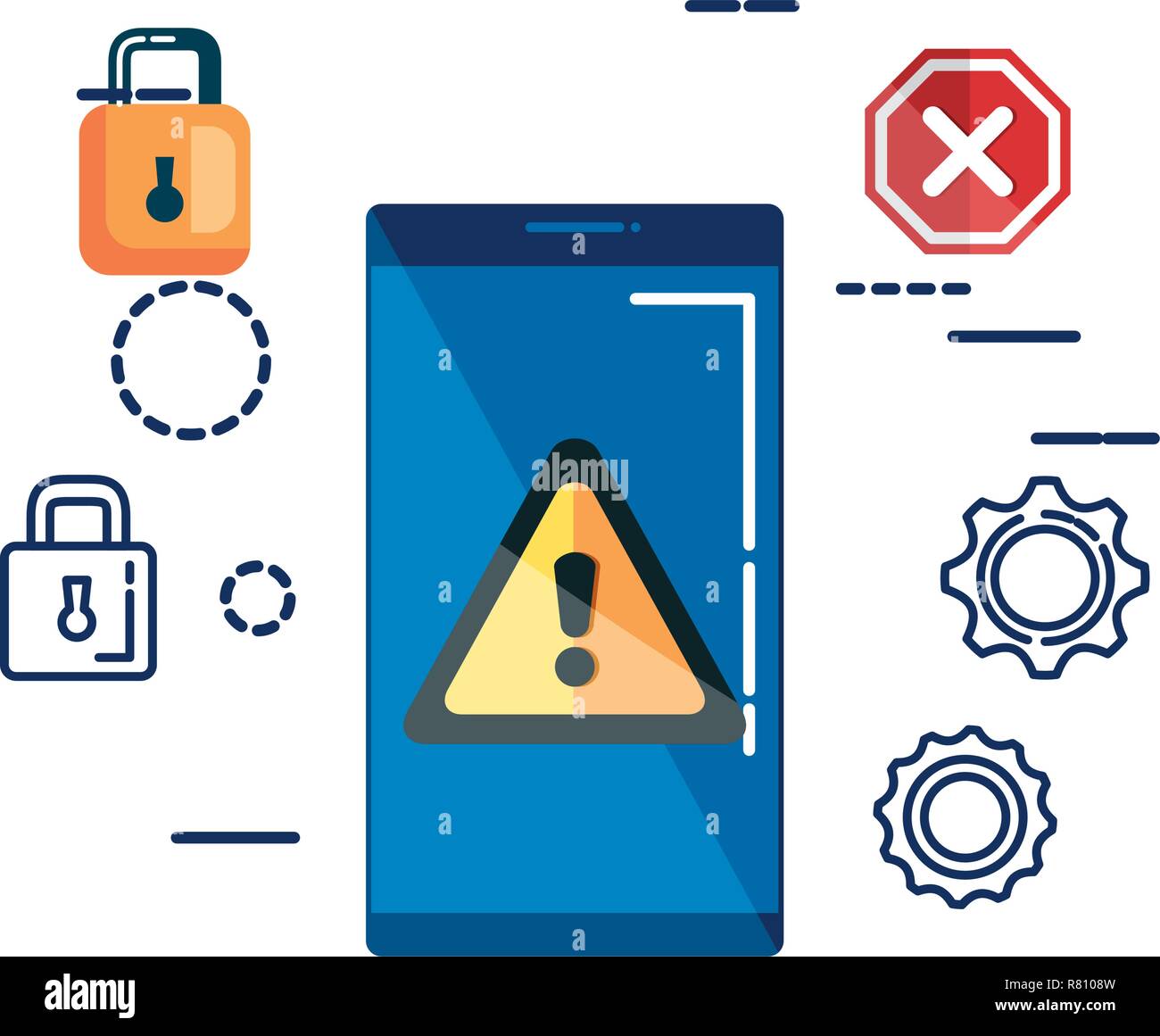 smartphone with alert symbol and security icons vector illustration ...