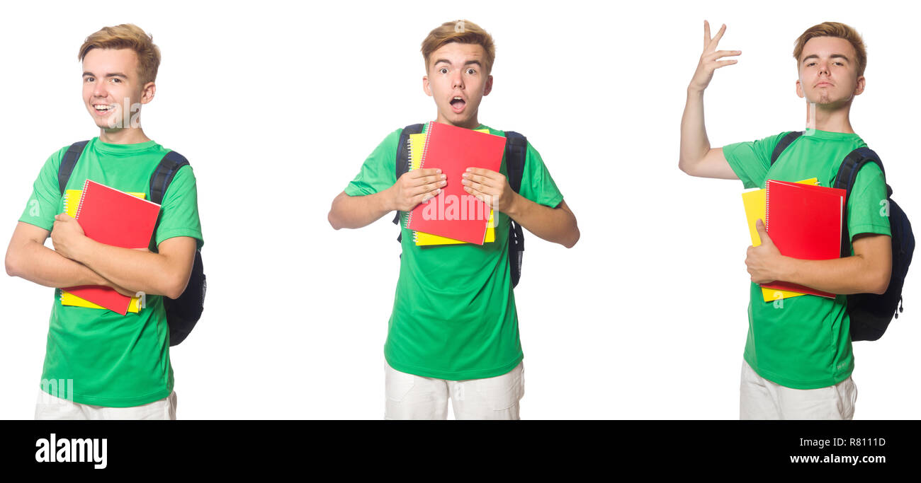 Young student with backpack and notes isolated on white Stock Photo - Alamy