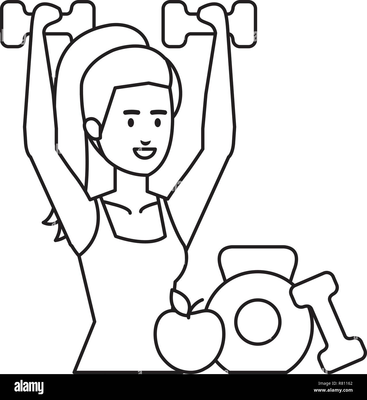 strong woman lifting weight and apple vector illustration design Stock ...