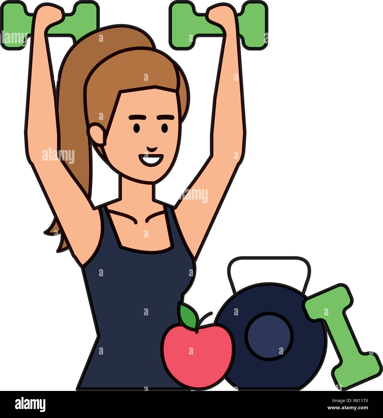 strong woman lifting weight and apple vector illustration design Stock ...