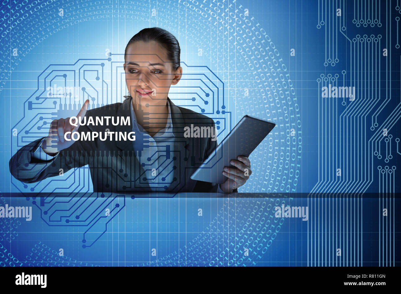 Businesswoman pressing virtual button in quantum computing concept ...