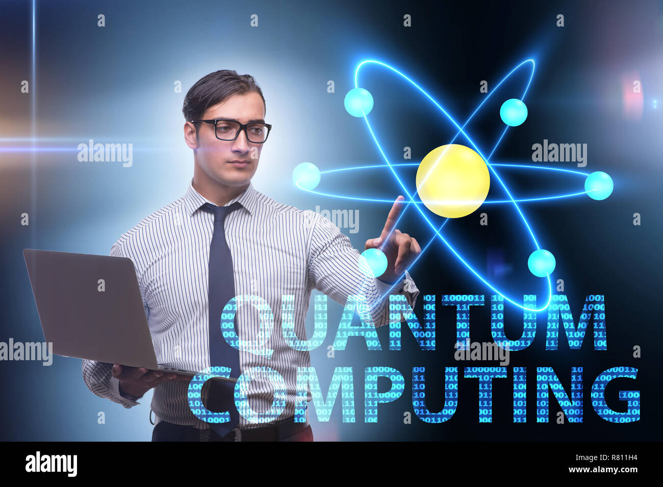 Businessman pressing virtual button in quantum computing concept Stock ...