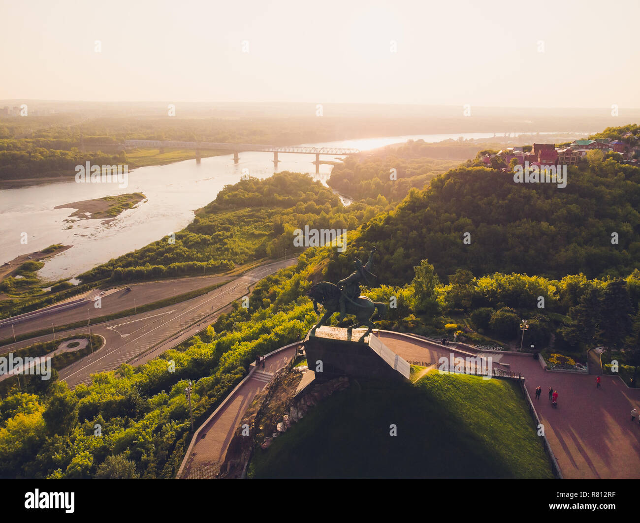 Monument to Salavat Yulayev, Ufa, Bashkortostan, Russia sunset, bird's ...