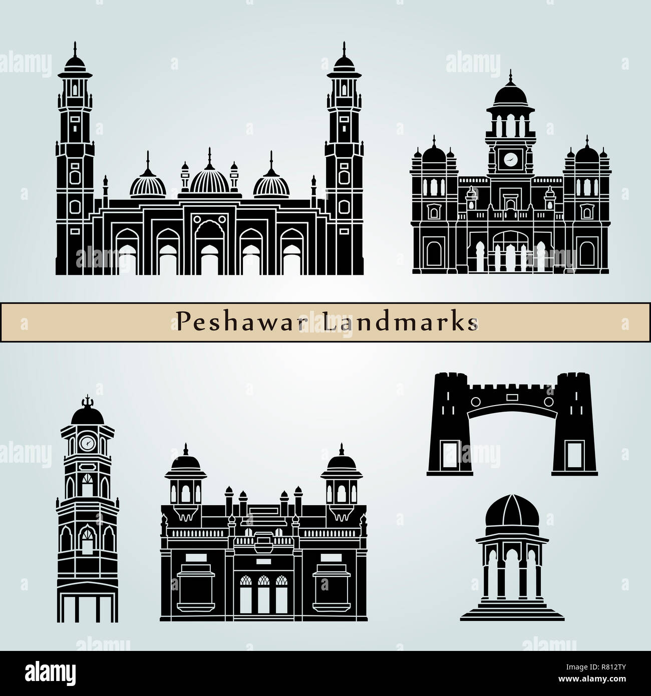 Peshawar landmarks and monuments isolated on blue background in ...