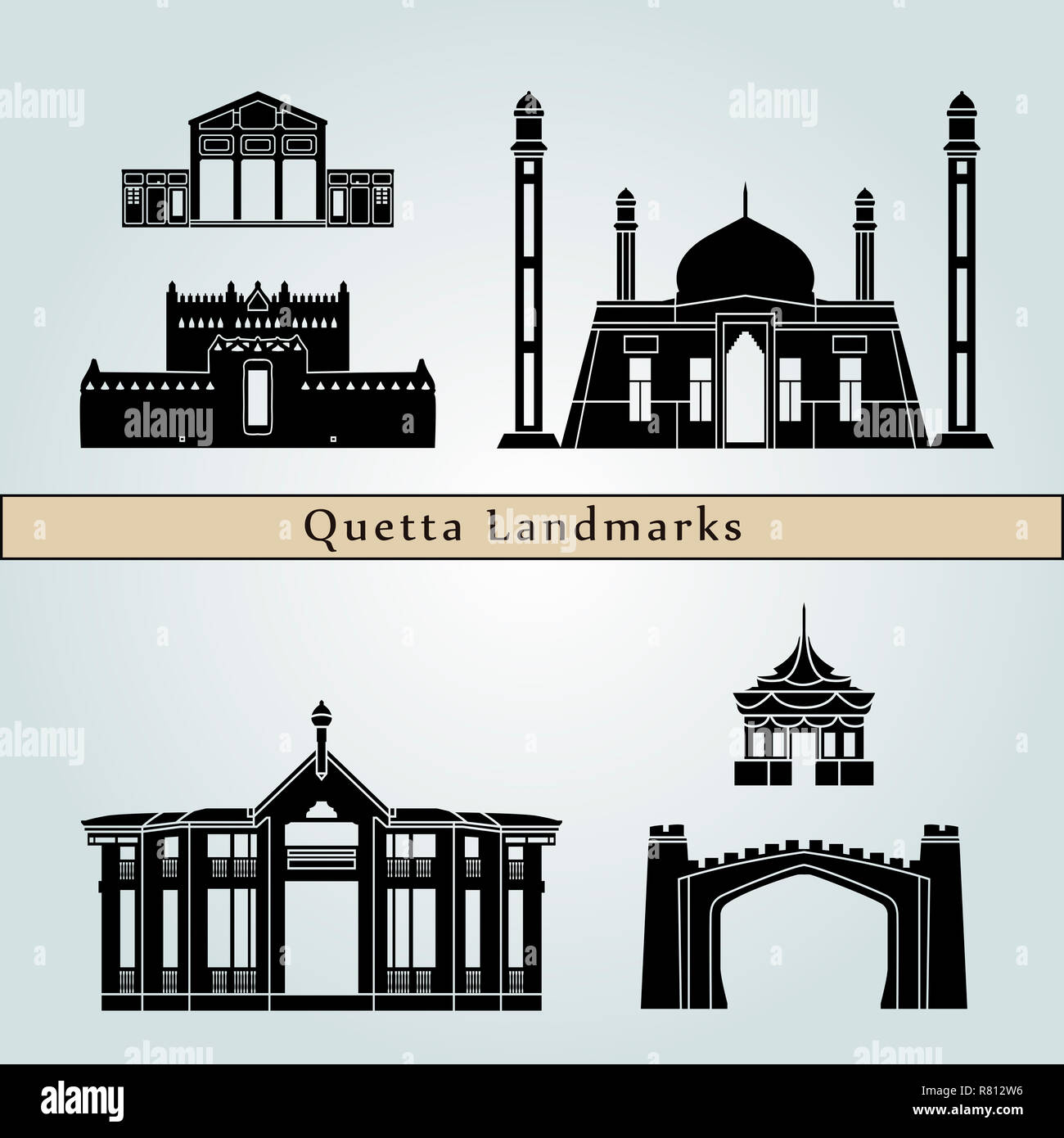 Quetta landmarks and monuments isolated on blue background in editable ...