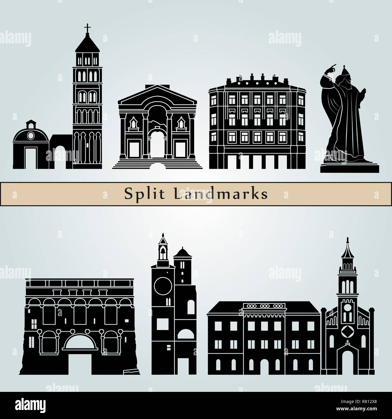 Split landmarks and monuments isolated on blue background in editable ...