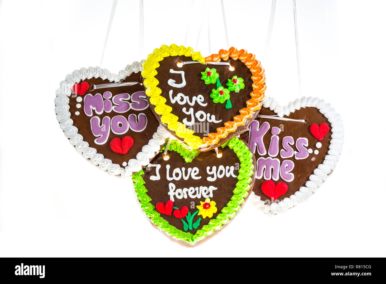 Various gingerbread hearts with declarations of love Stock Photo - Alamy