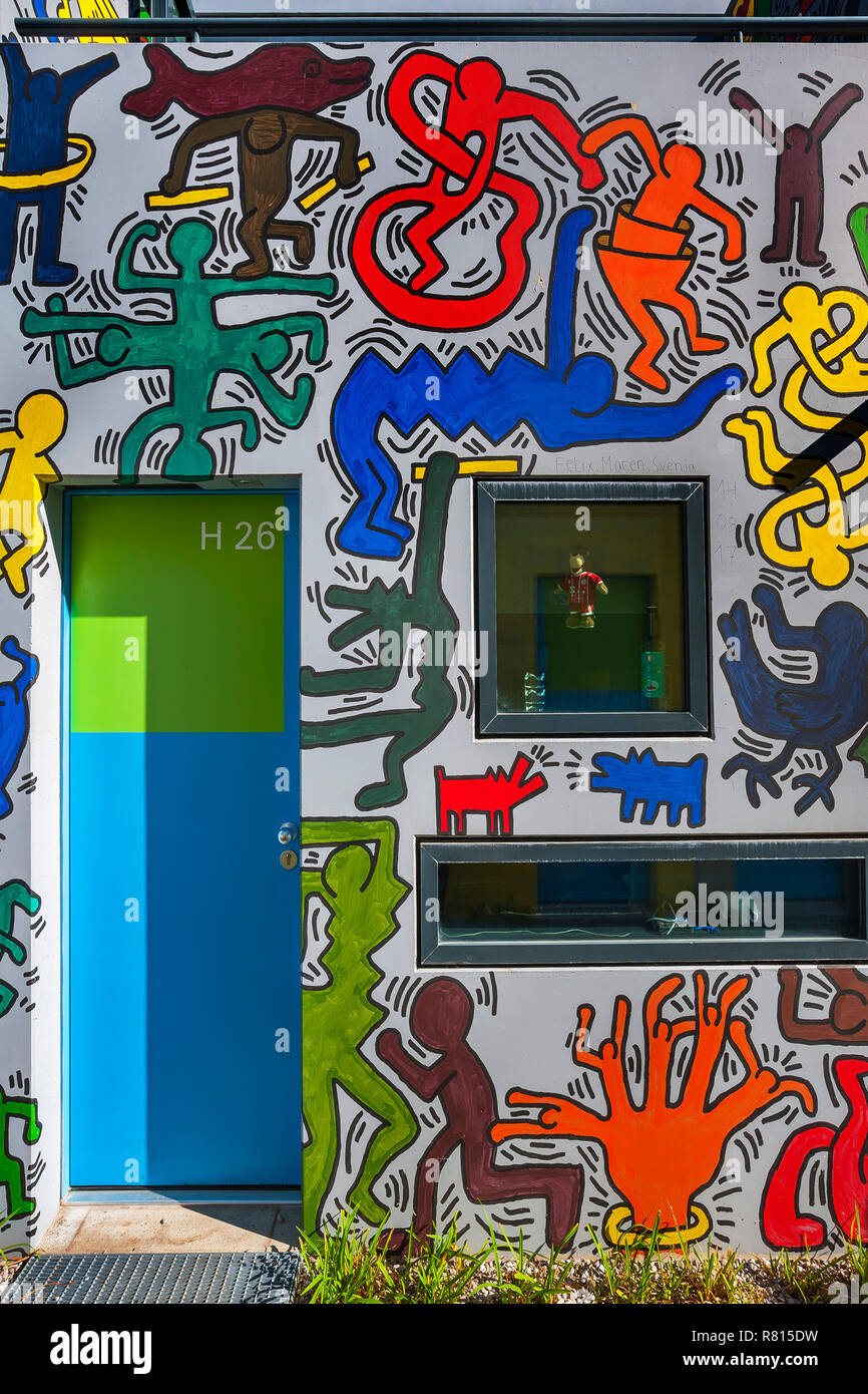 Colourful painting on house wall, student quarter Olympic Village ...