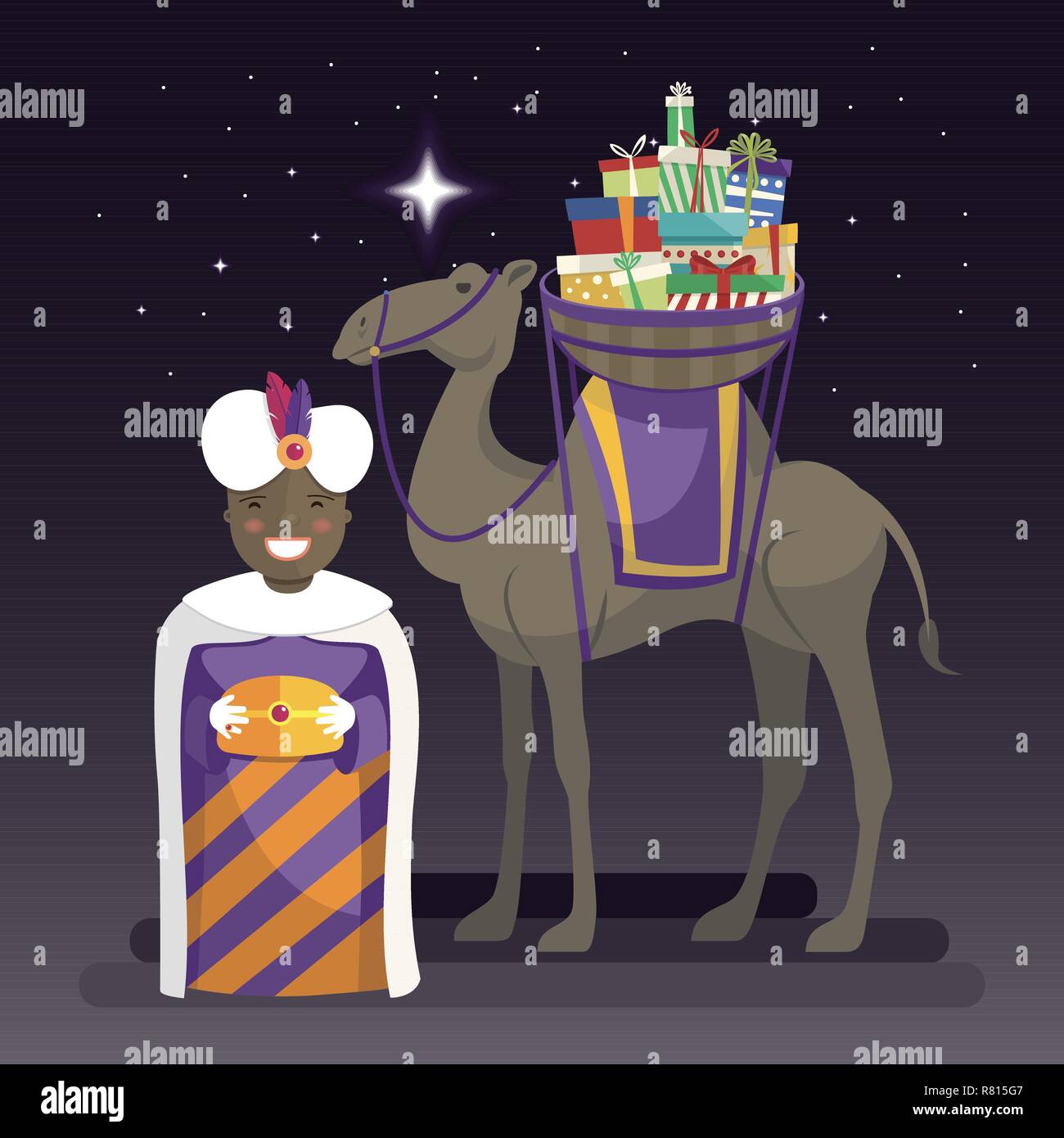 Three kings day with King Balthazar, camel and gifts at night. Vector ...