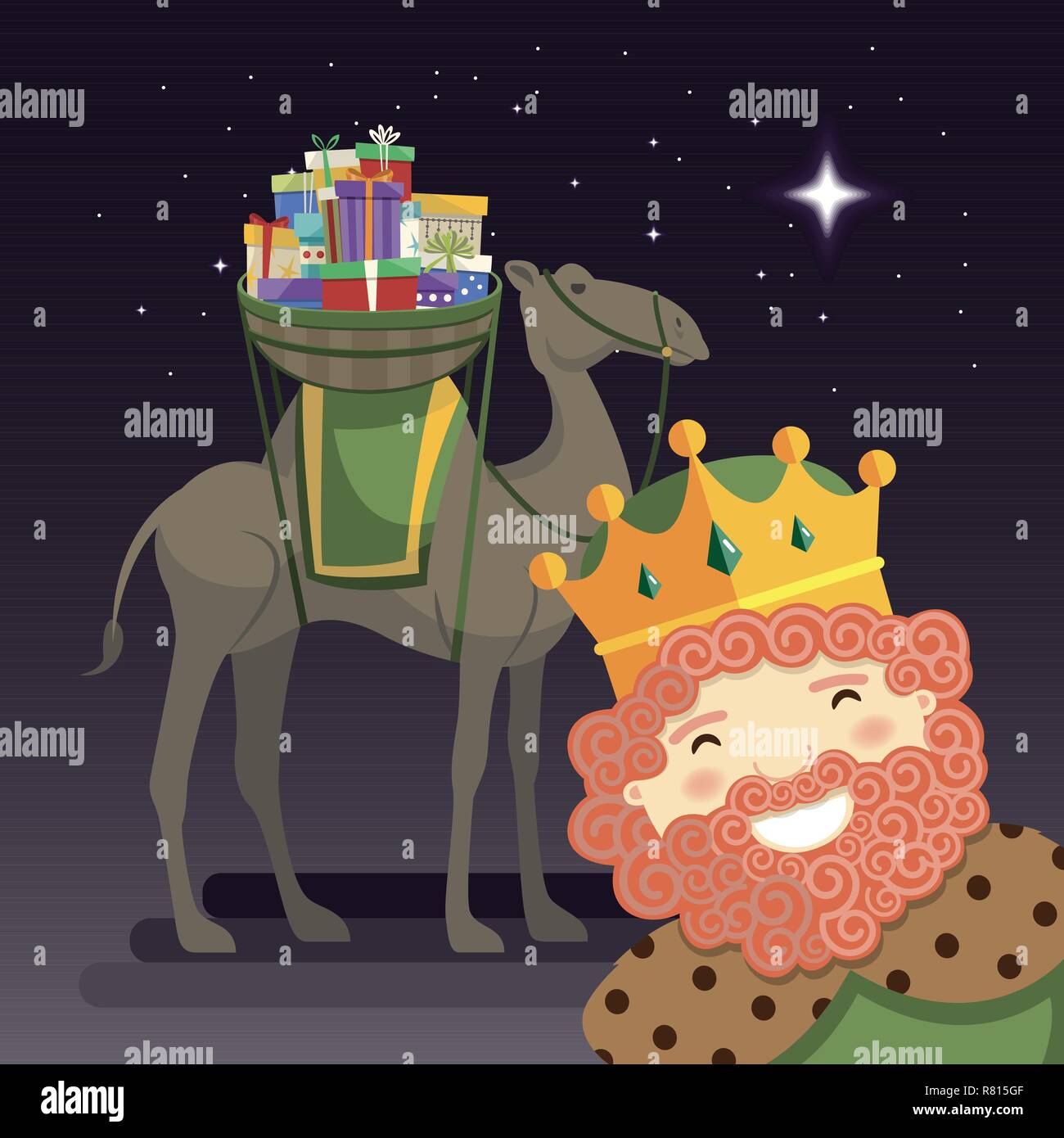 Three kings selfie with King Caspar, camel and gifts at night. Vector ...