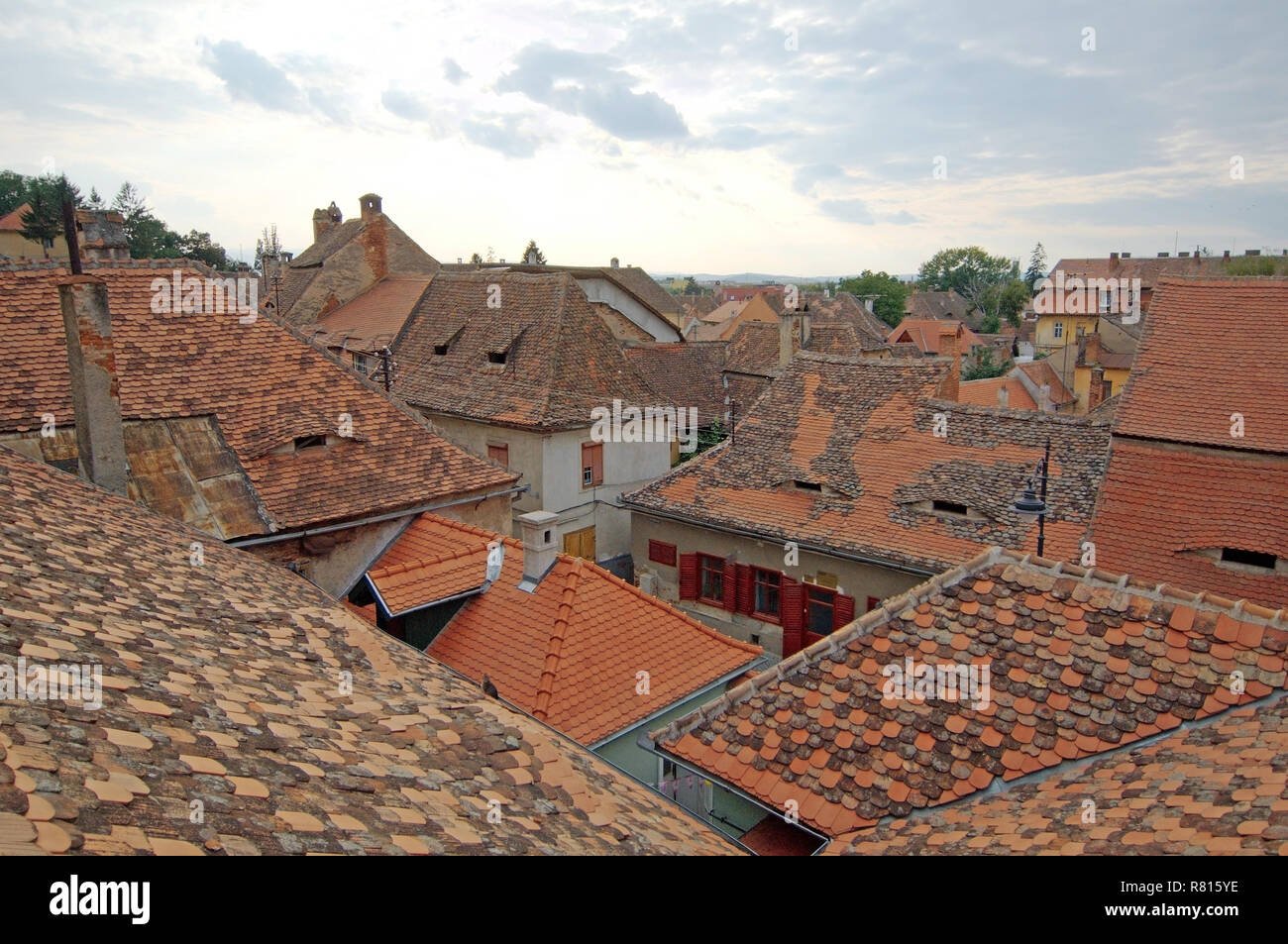 Tiled roofs of historic buildings, Sibiu, Transylvania, Romania Stock ...