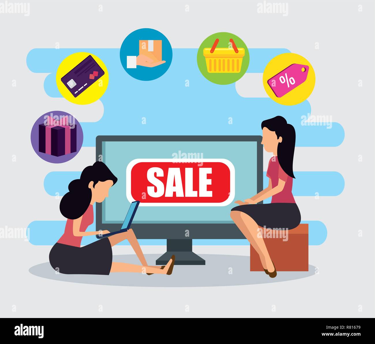 women with computer ecommerce technology to sale Stock Vector Image ...