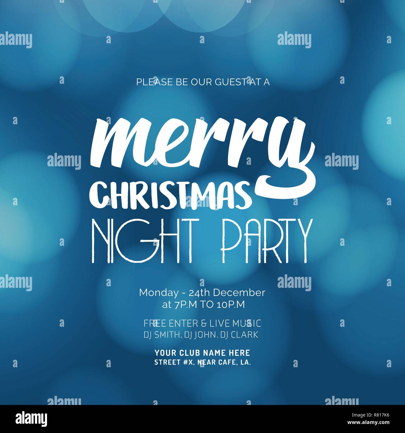 Merry Christmas Night party Glowing Blue background Stock Vector Image ...