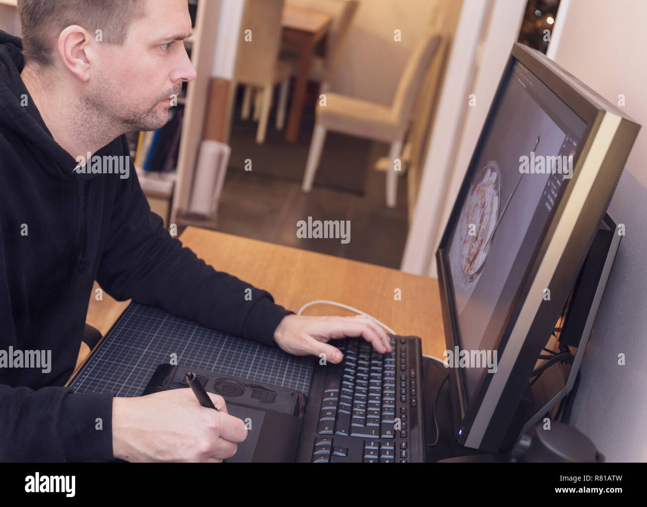 Slanted profile view of serious looking mid adult 40s caucasian self ...