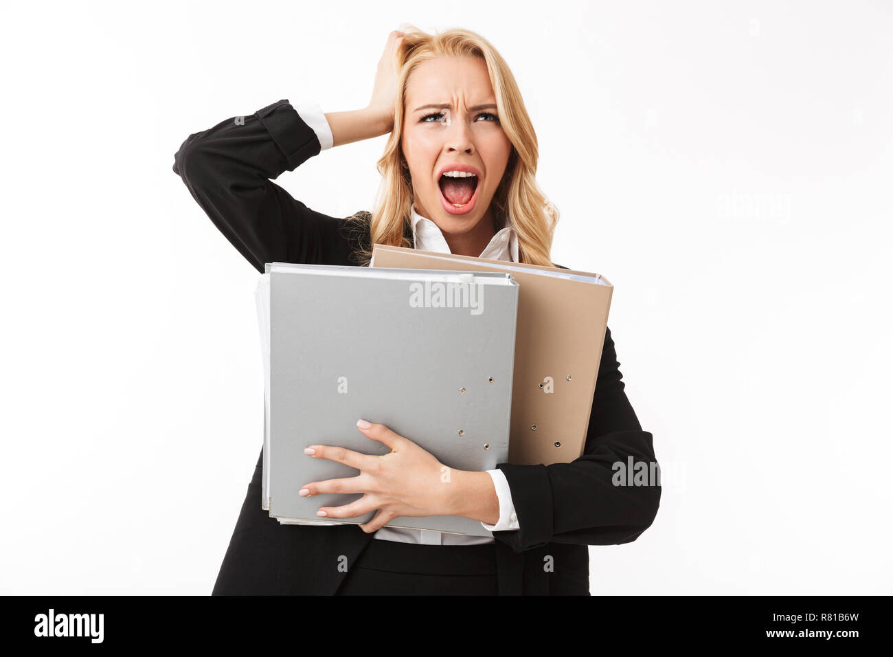 Photo of manager girl wearing office suit screaming while holding paper ...