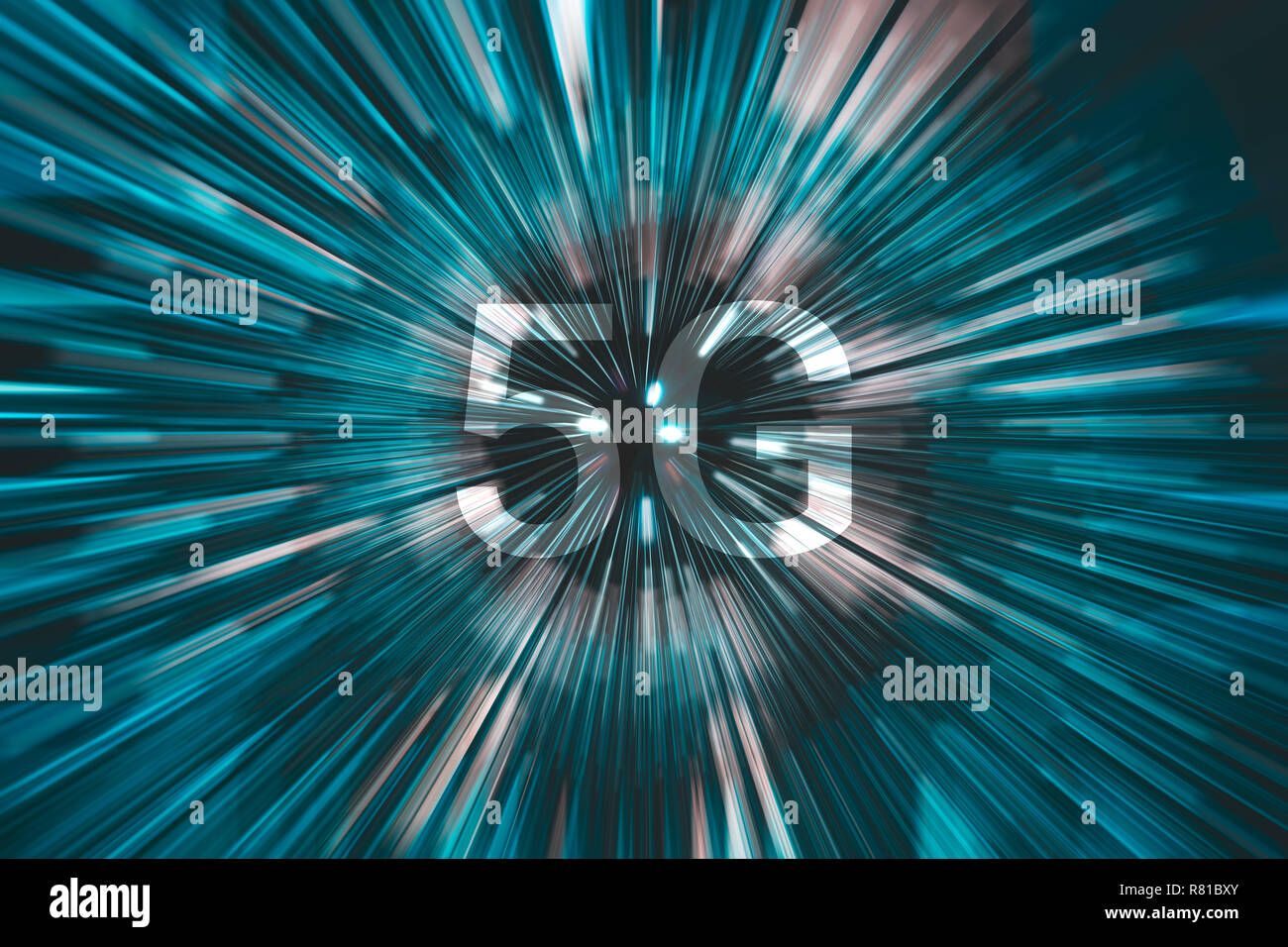 5G on a circular geometric space cyan color light rays. Neon radial ...