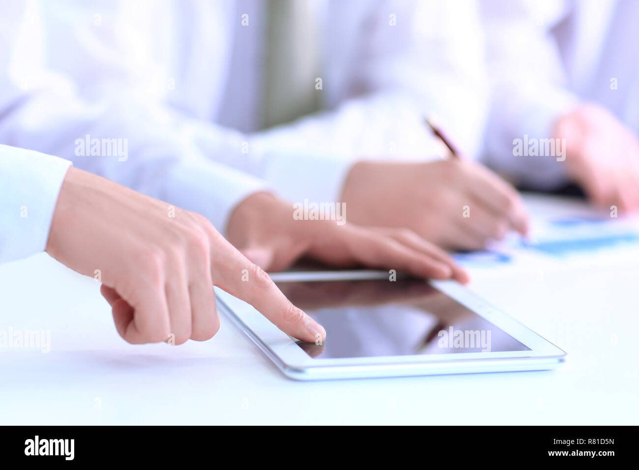 close up.employee clicking on the screen of the digital tablet Stock ...