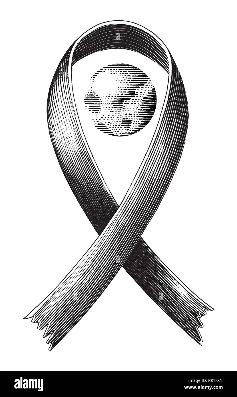 The red ribbon of AIDS symbol and globe hand draw vintage engraving ...