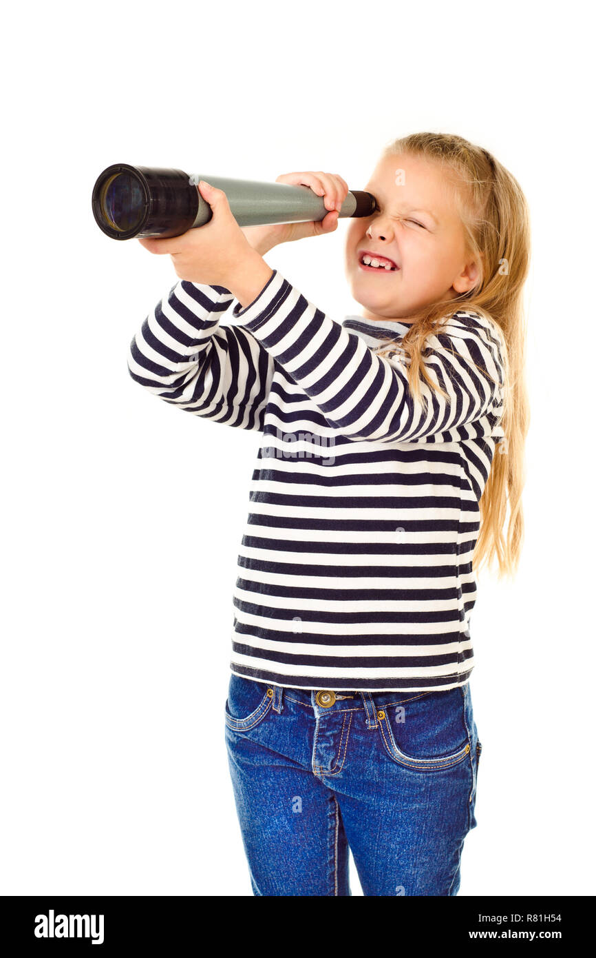 little girl with telescope isolated on a white background Stock Photo ...