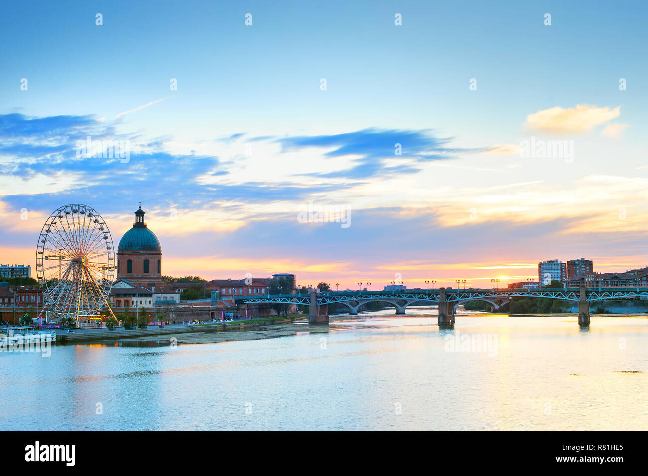 Toulouse landmarks on the bank of river Garone at sunset. France Stock ...