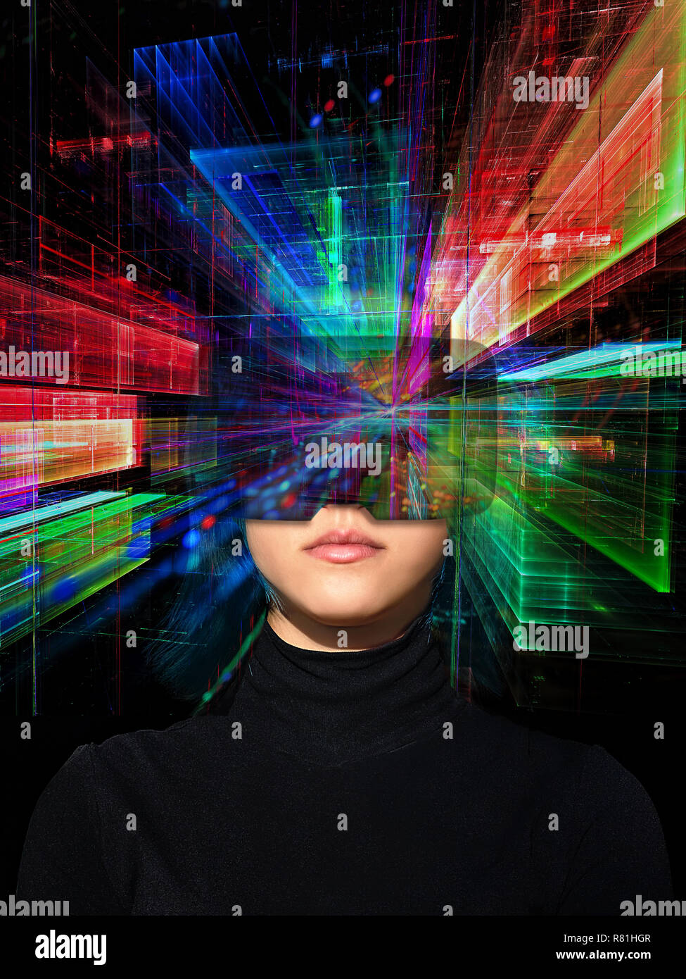 Girl in virtual reality world - futuristic collage.. Portrait of a young girl wearing vr glasses ...