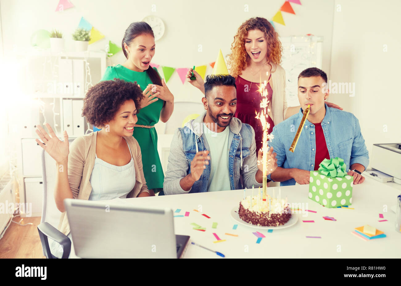 office team greeting colleague at birthday party Stock Photo - Alamy