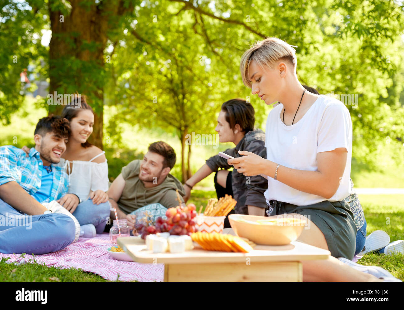 woman using smartphone at picnic with friends Stock Photo - Alamy