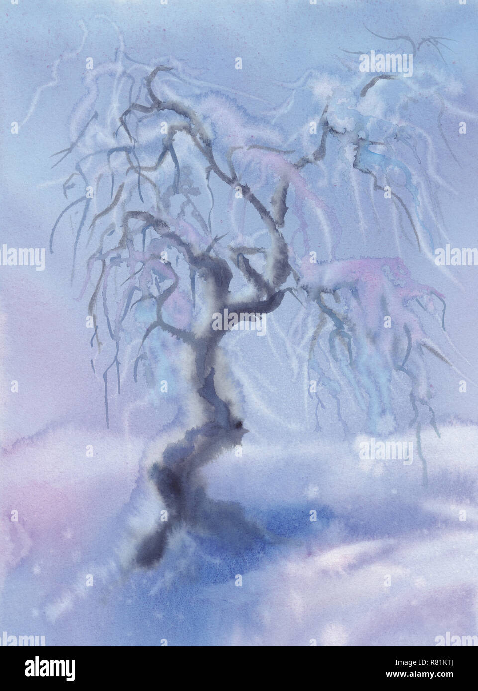 Winter landscape with frozen apple tree and snow. Watercolor ...