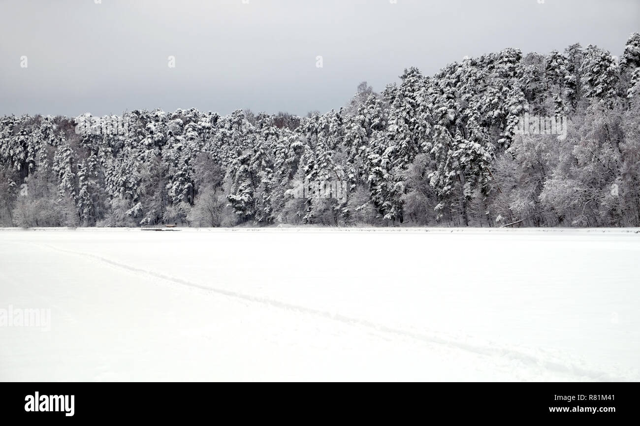 Beautiful landscape with long straight snow-covered path on the edge of ...