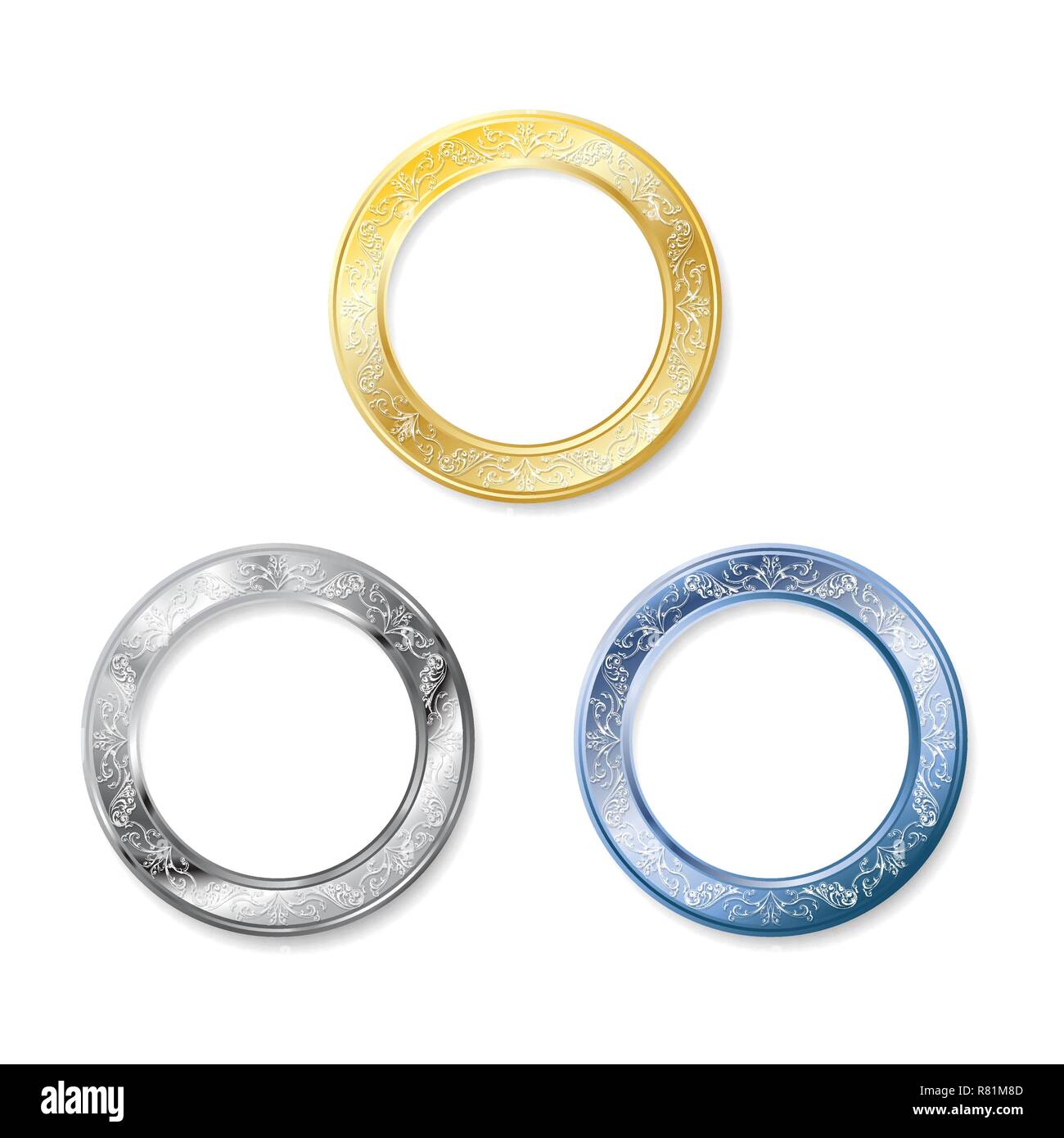 Set of three metal color frames isolated on white background Stock ...