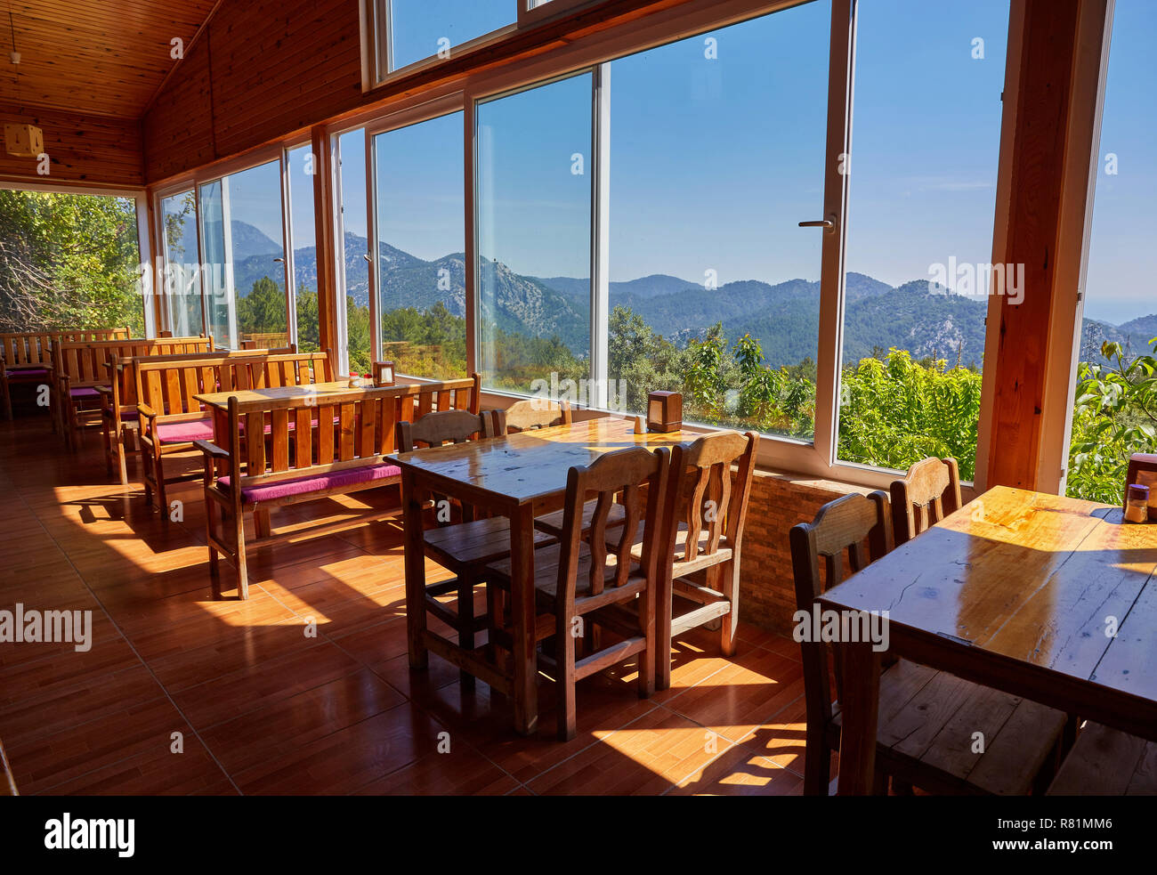 The open air terrace with the view on sea in rustic cafe of Yoruk park ...