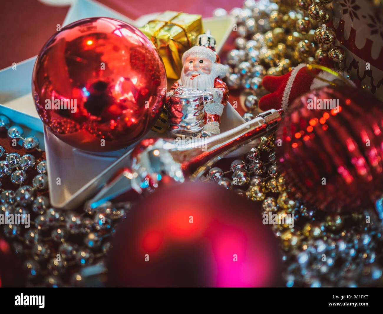 Small cute Santa Claus with Christmas ornament decoration background ...