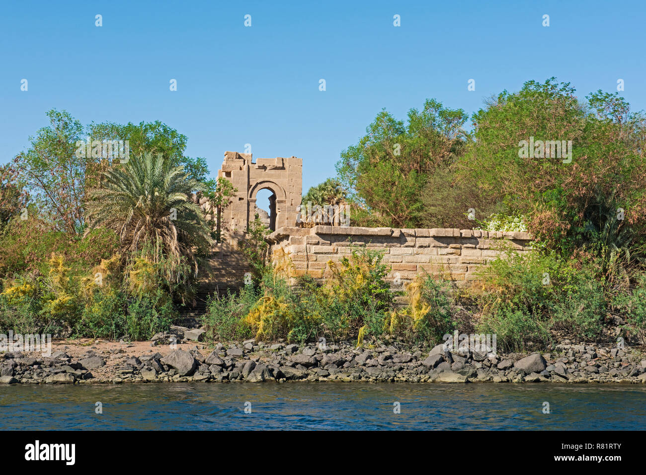 View from Nile river of a kiosk at the ancient egyptian Temple of Isis ...