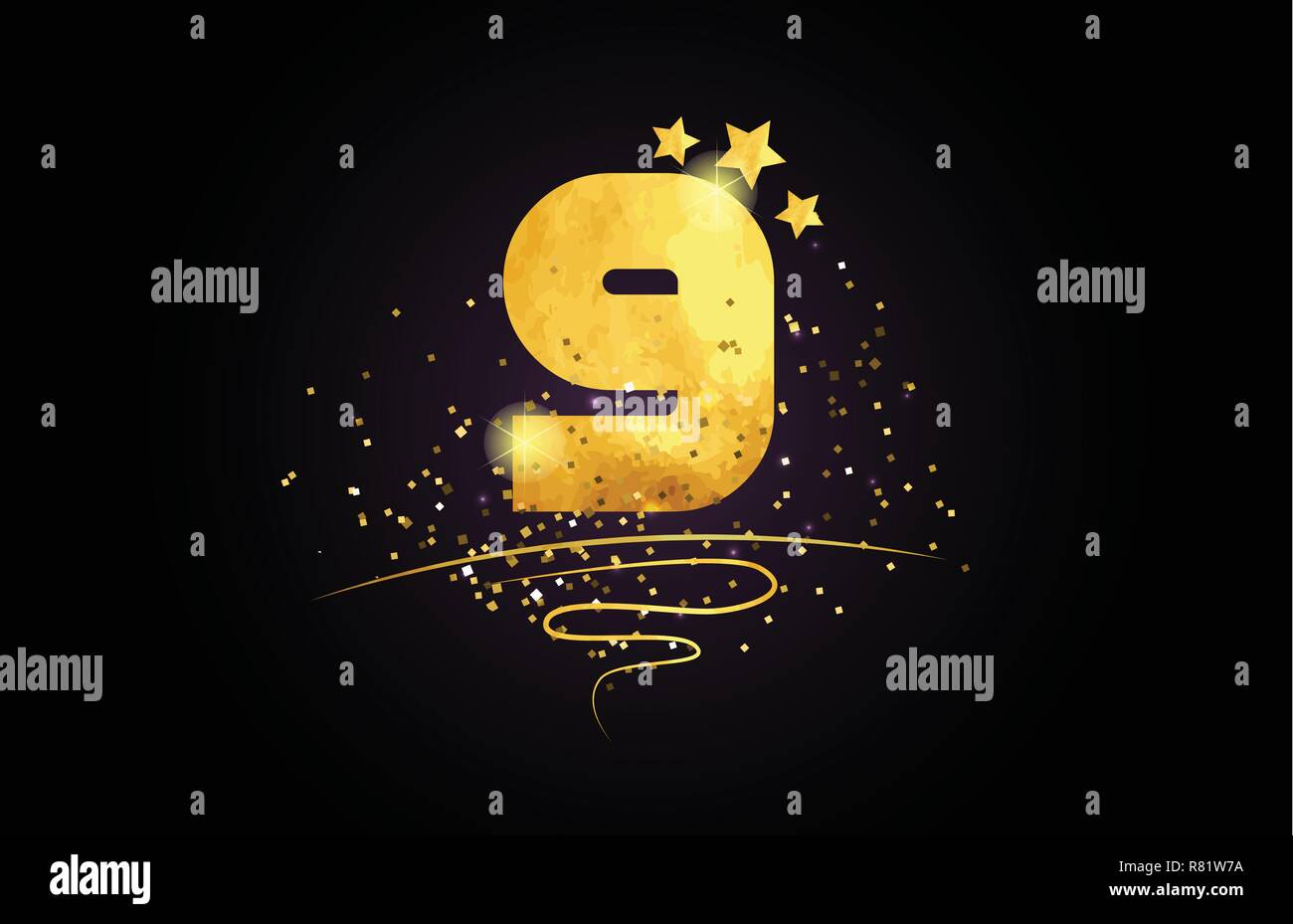 9 nine number with star and golden glitter on black background suitable ...