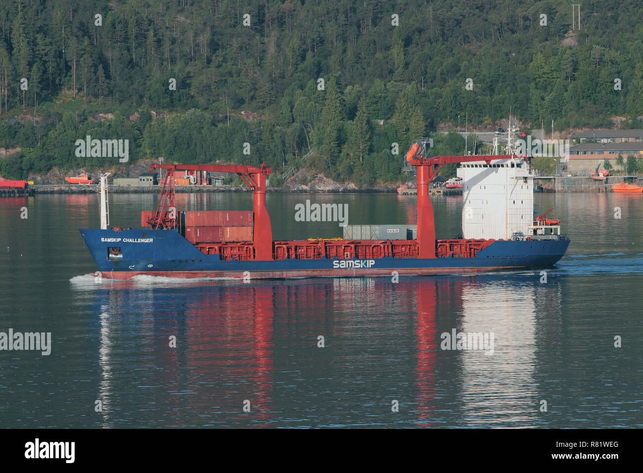 Bergen, Norway - Jul 07, 2018: Container carrier in gulf Stock Photo ...