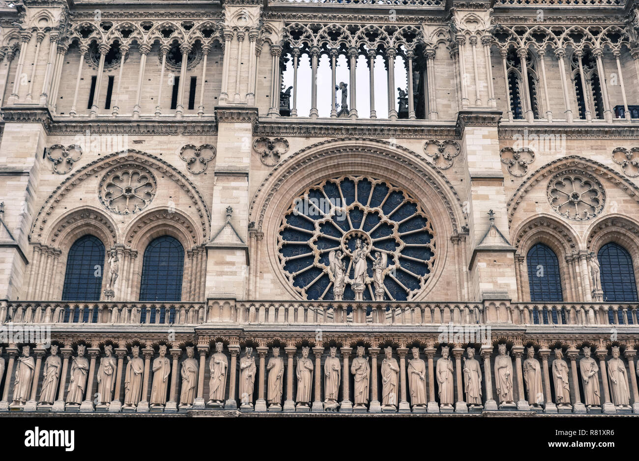 Detail architecture of Notre-Dame de Paris (France). The church is one ...