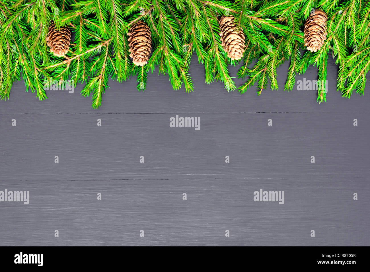 Christmas Border made of natural fir tree branches on black, Flat lay ...