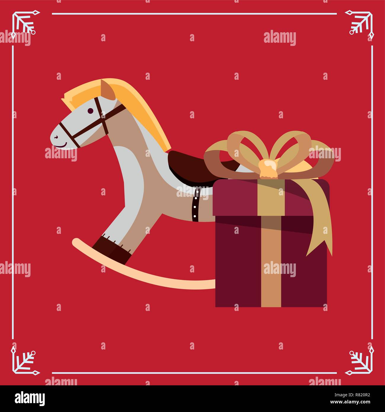 christmas rocking horse gift box red background vector illustration ...