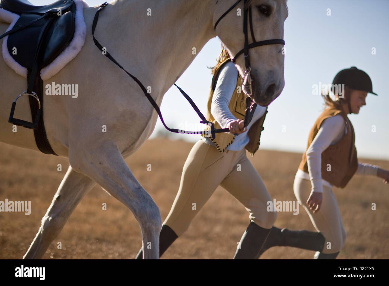 Woman and girl running with horse in a field Stock Photo - Alamy