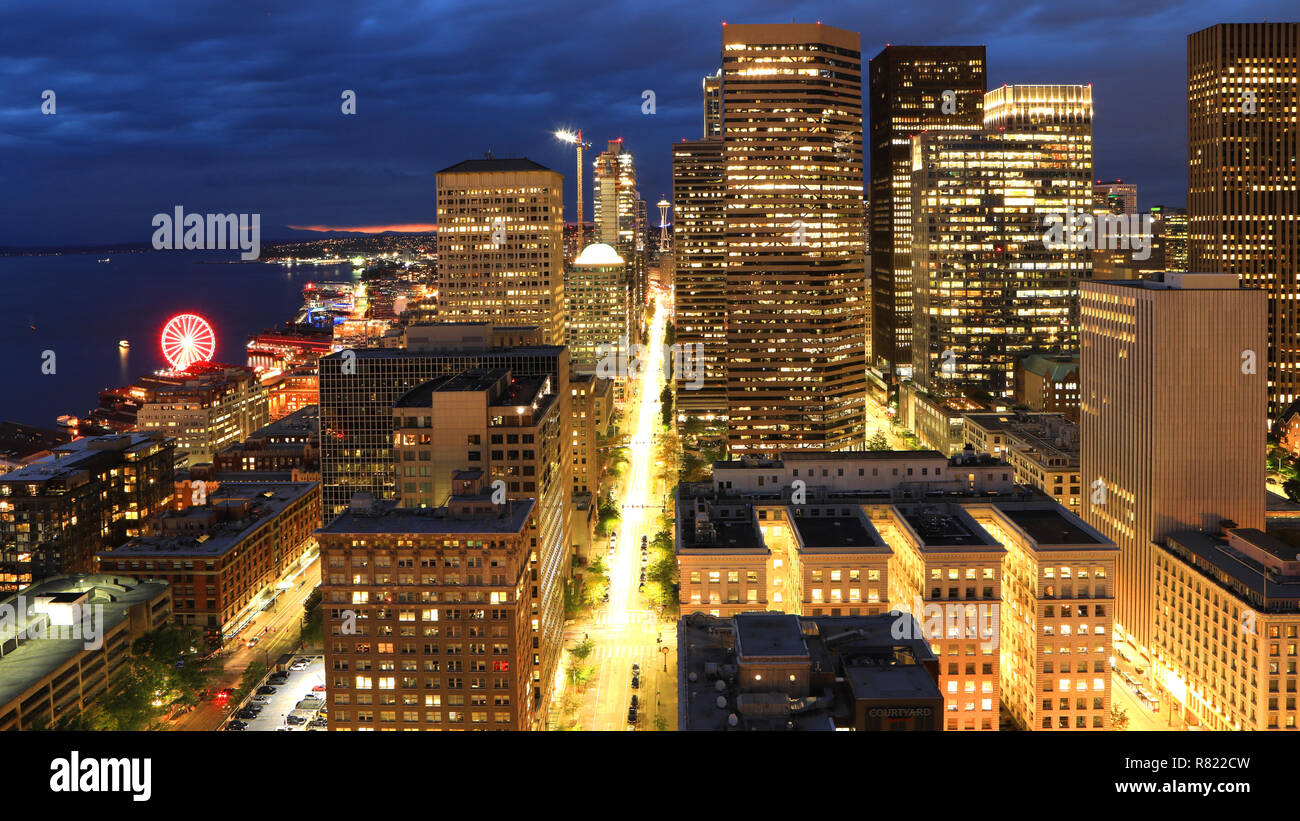 An aerial view of Seattle, Washington downtown at night Stock Photo - Alamy