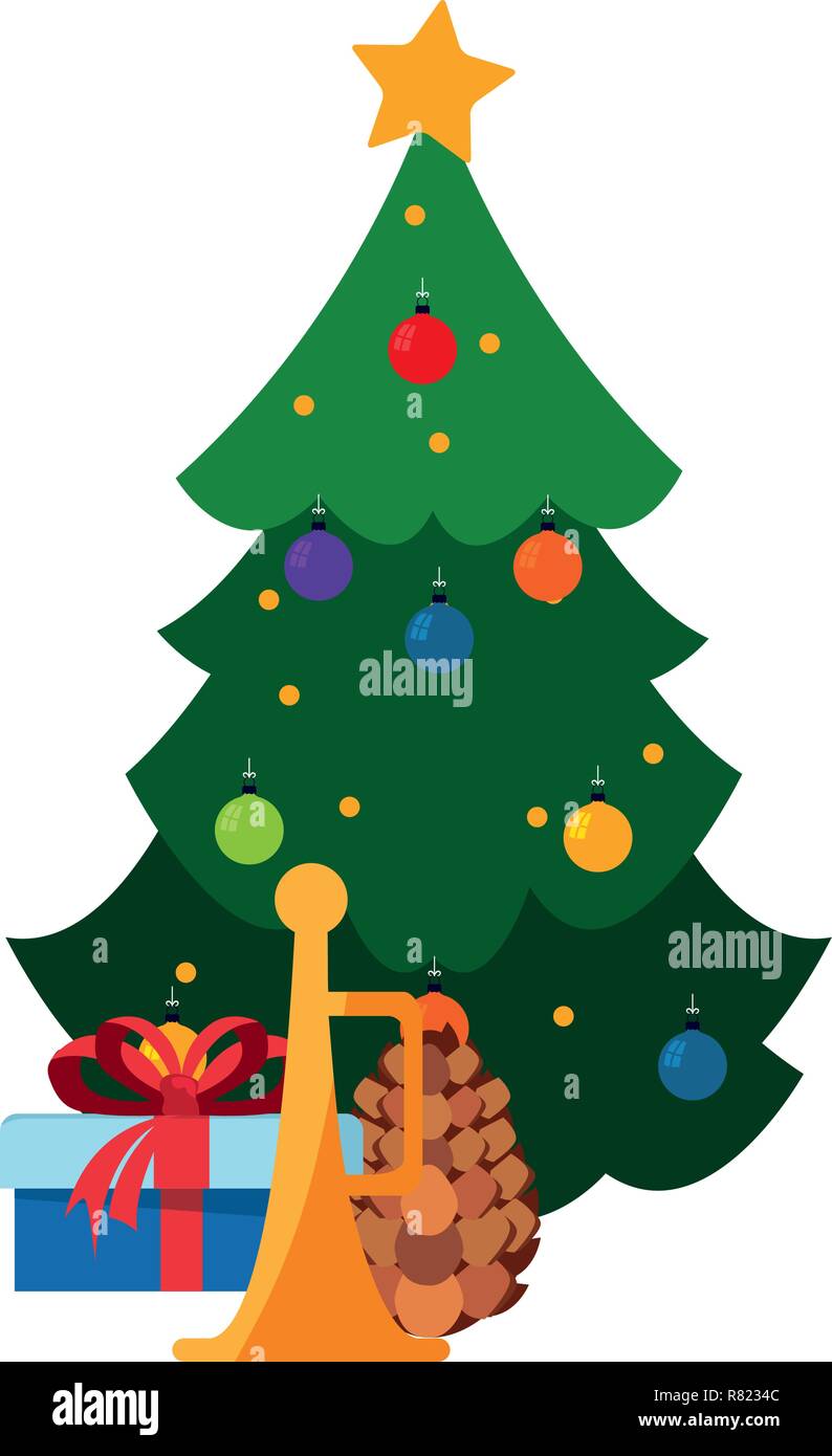 christmas tree gift and trumpet decoration vector illustration Stock ...