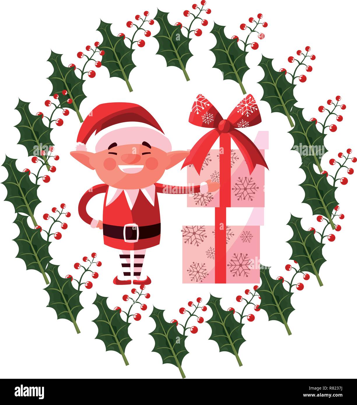 christmas elf and gift wreath decoration vector illustration Stock ...