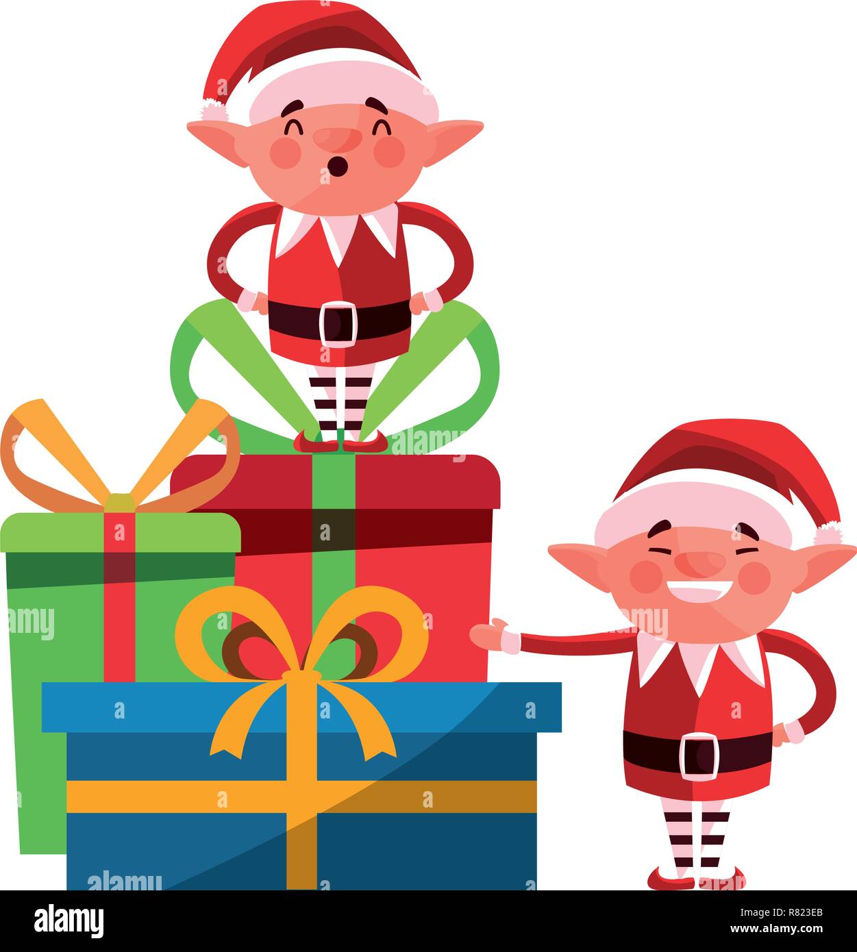 christmas elves and gift boxes vector illustration Stock Vector Image ...