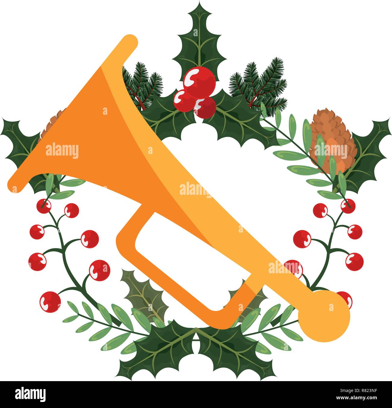 christmas trumpet holly berry leaves vector illustration Stock Vector ...