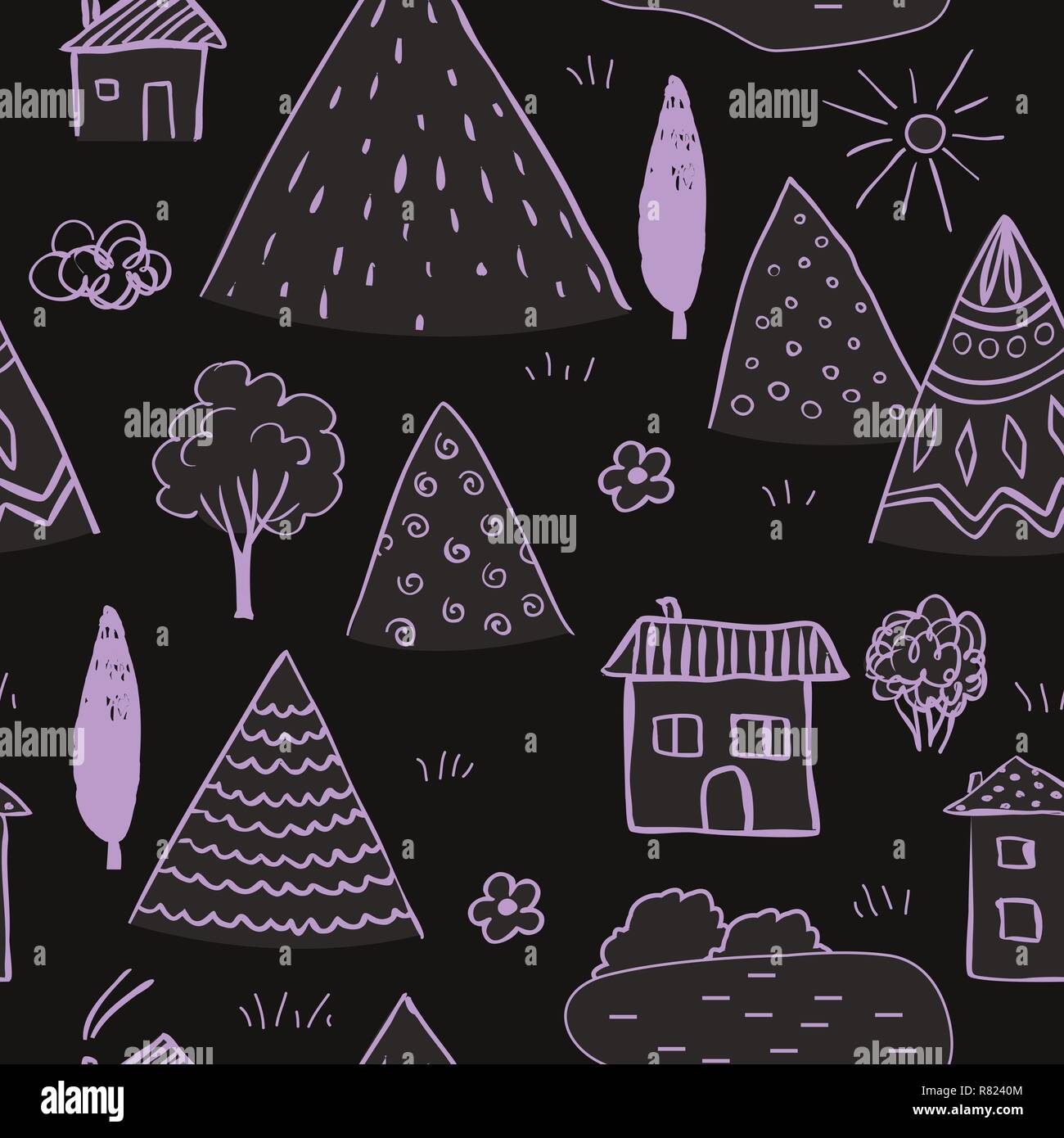 Country landscape seamless pattern. Hand drawn doodle mountains, cute ...