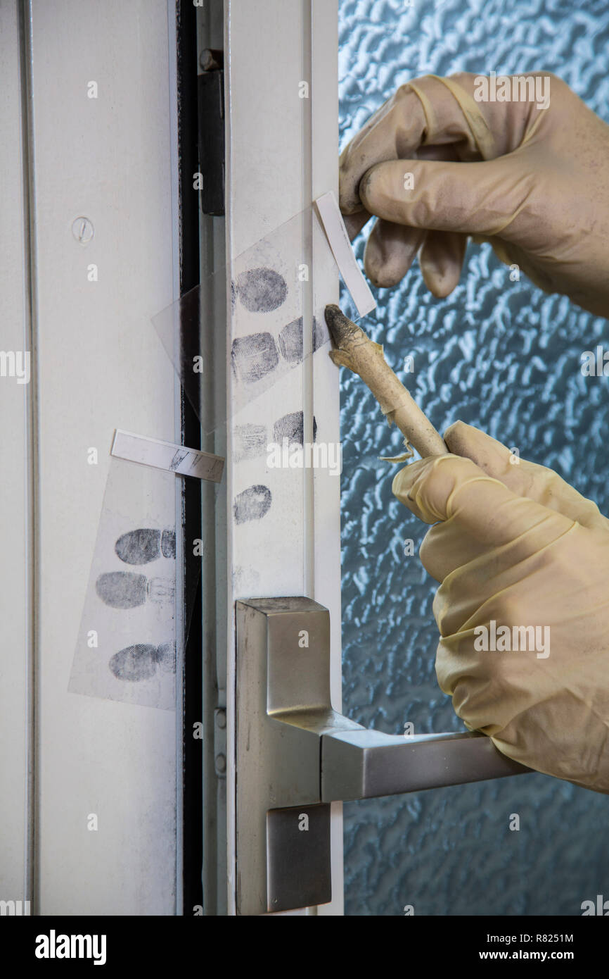 Fingerprints on a window, forensics after a break-in, burglary, Germany ...