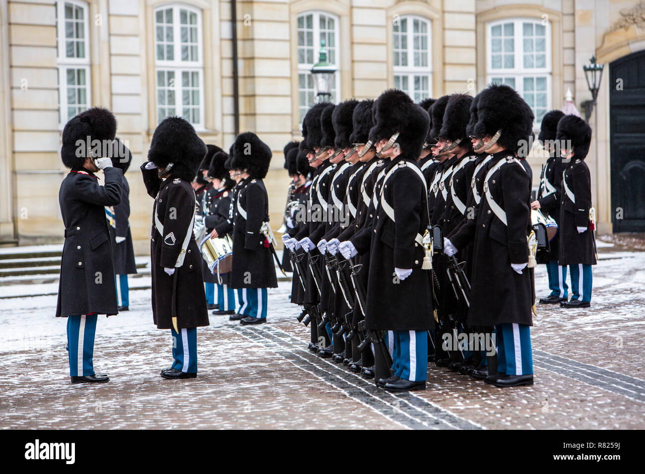 Changing of the guard, royal bodyguards, ceremony outside Amalienborg ...