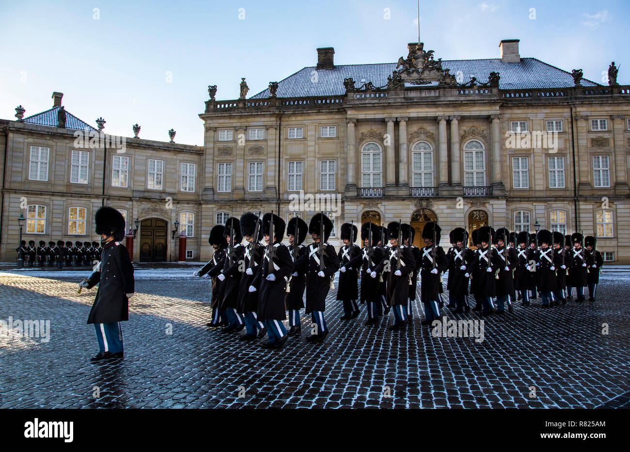 Changing of the guard, royal bodyguards, ceremony outside Amalienborg ...