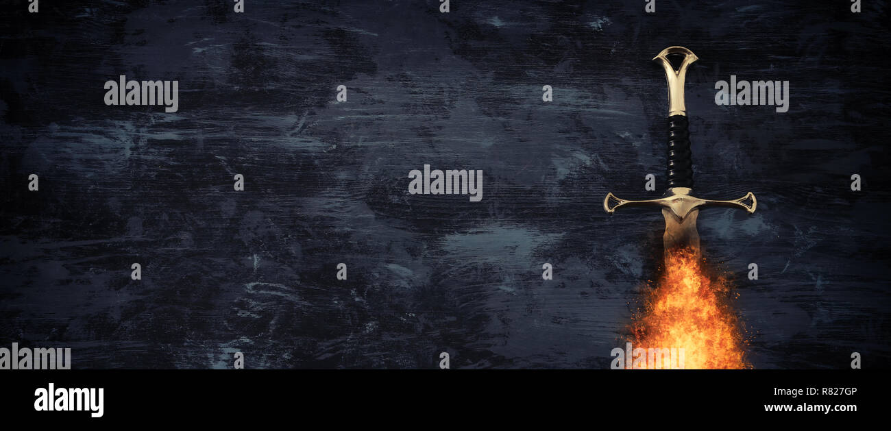 low key banner of silver sword in the flames of fire. fantasy medieval ...