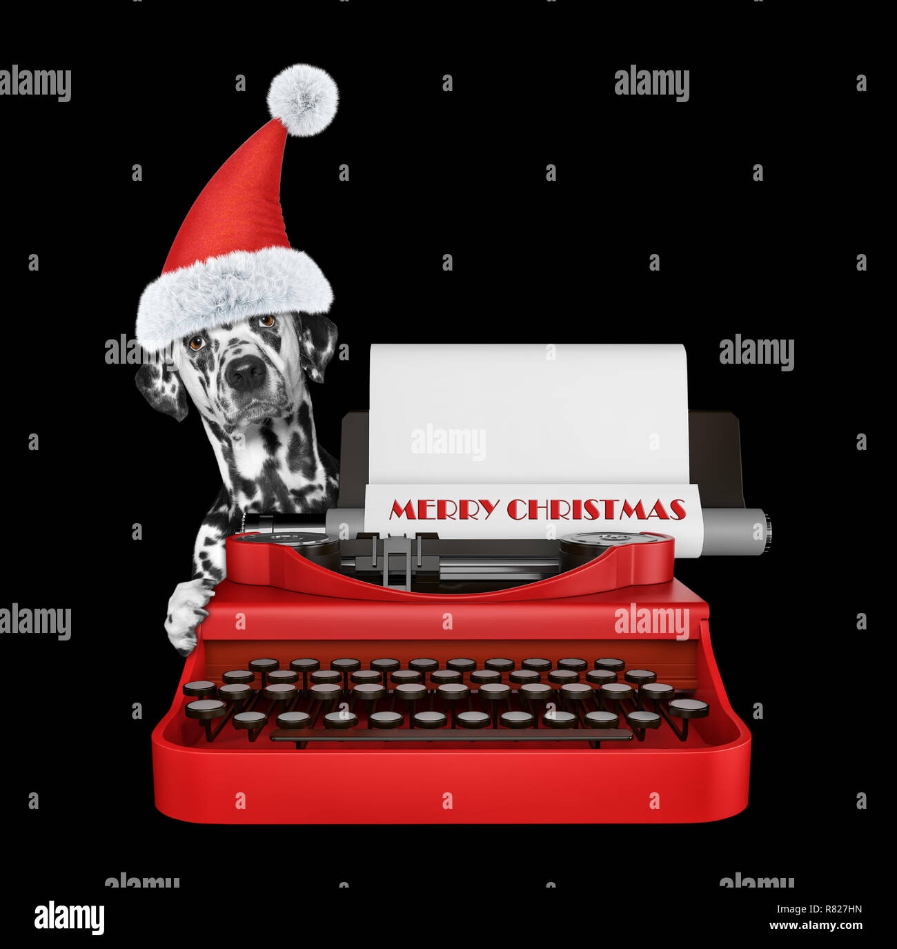 Cute santa dalmatian dog is typing on a typewriter keyboard. Isolated ...